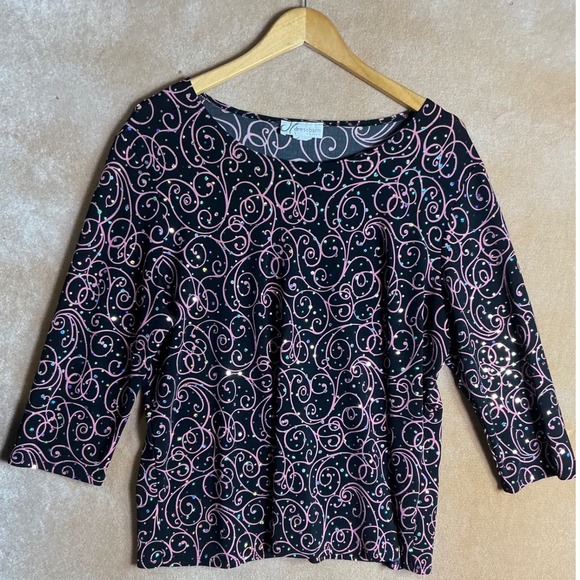 dressbarn | Tops | Dressbarn Woman Black Pink Swirl Glitter 34 Sleeve ...